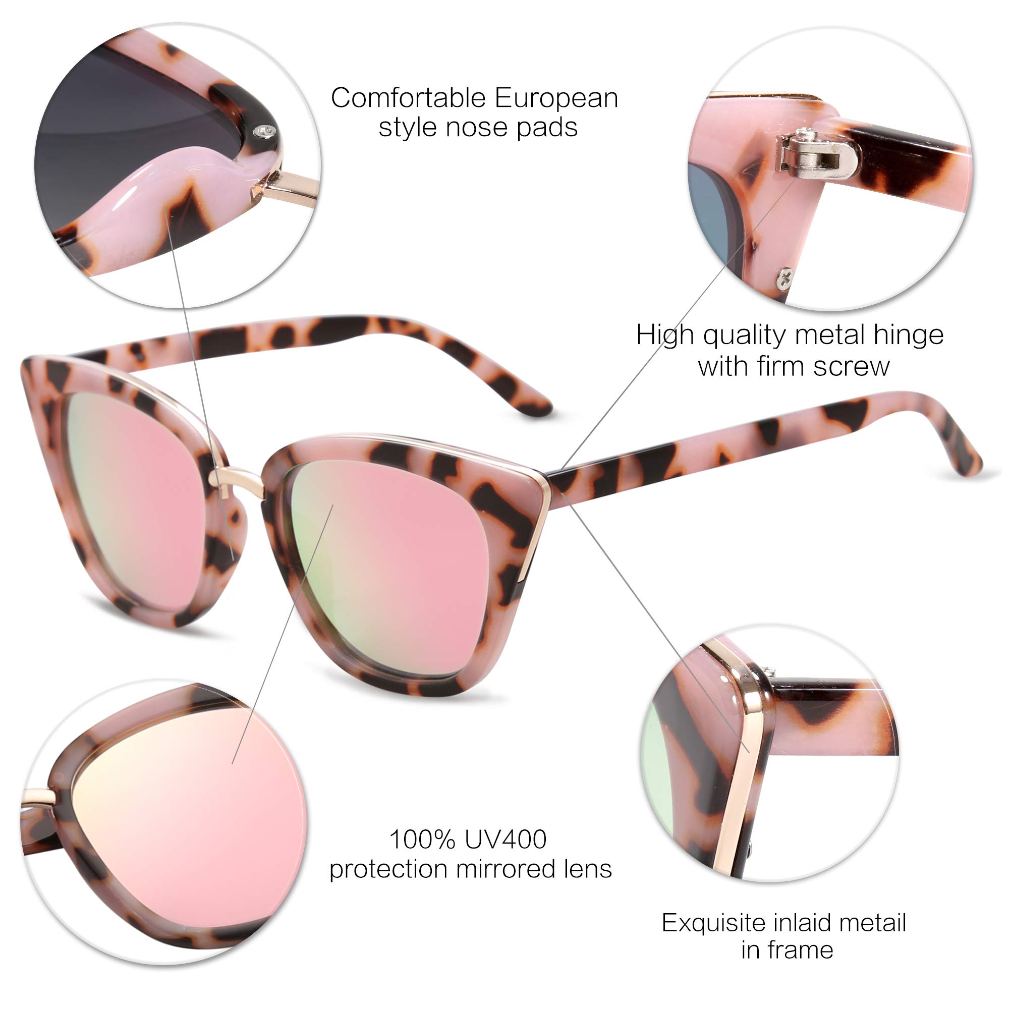 SOJOS Cat Eye Designer Sunglasses Fashion UV400 Protection Glasses SJ2052 with Pink Tortoise Frame/Pink Mirrored Lens