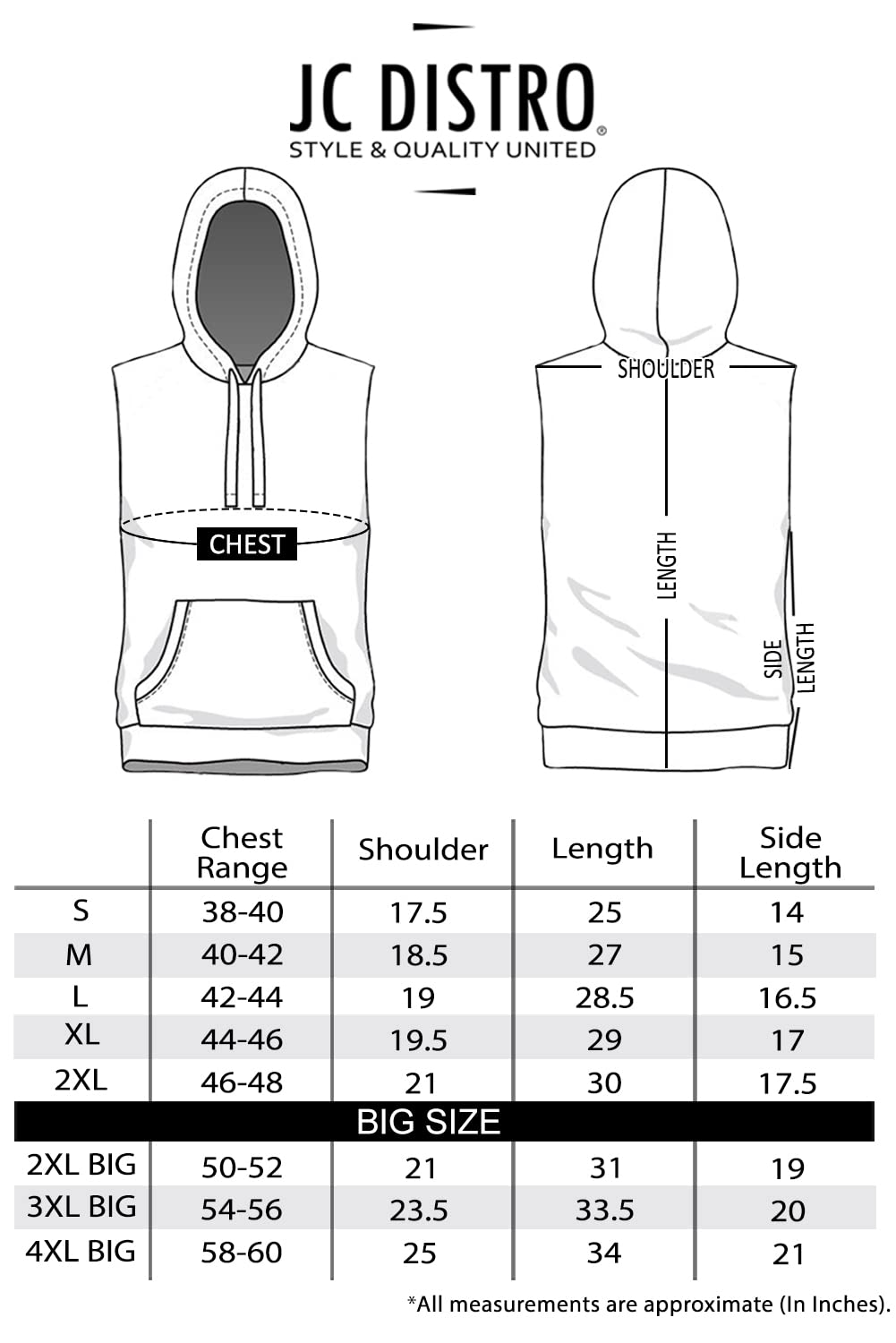 JC DISTRO Men's Soft Lightweight Hoodie Long Sleeve/Sleeveless Big CHARCOAL X-LARGE