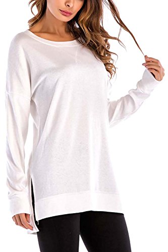 8sanlione Womens Long Sleeve Casual Crew Neck Pullover Loose Sweatshirt Tunic Tops T-Shirt(XX-Large/US 20,White)