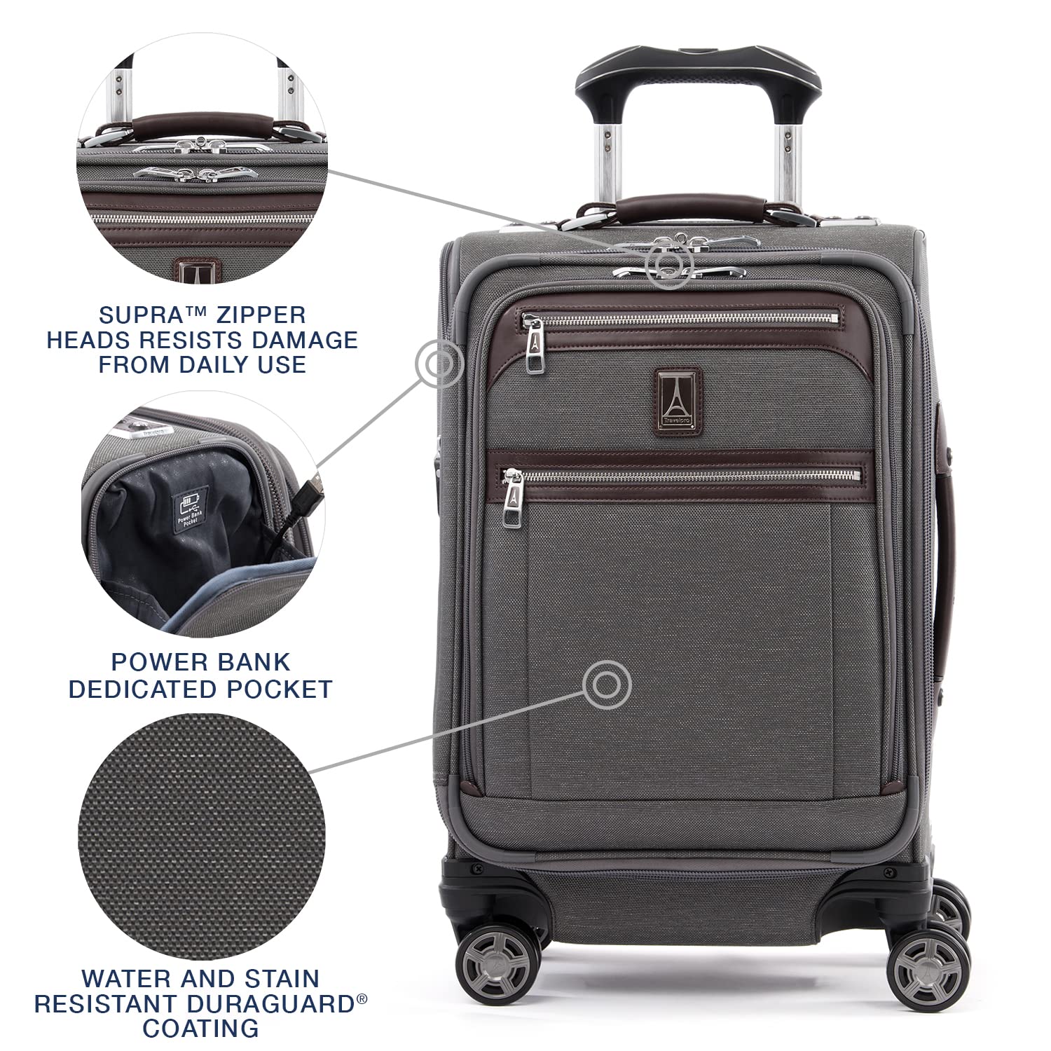 Travelpro Platinum Elite Softside Expandable Carry on Luggage, 8 Wheel Spinner Suitcase, USB Port, Laptop and Tablet Sleeves, Men and Women, Vintage Grey, Carry On 20-Inch