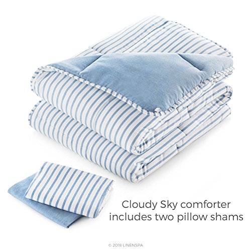 LINENSPA All Season Hypoallergenic Down Alternative Microfiber Comforter, King, Light Blue/White