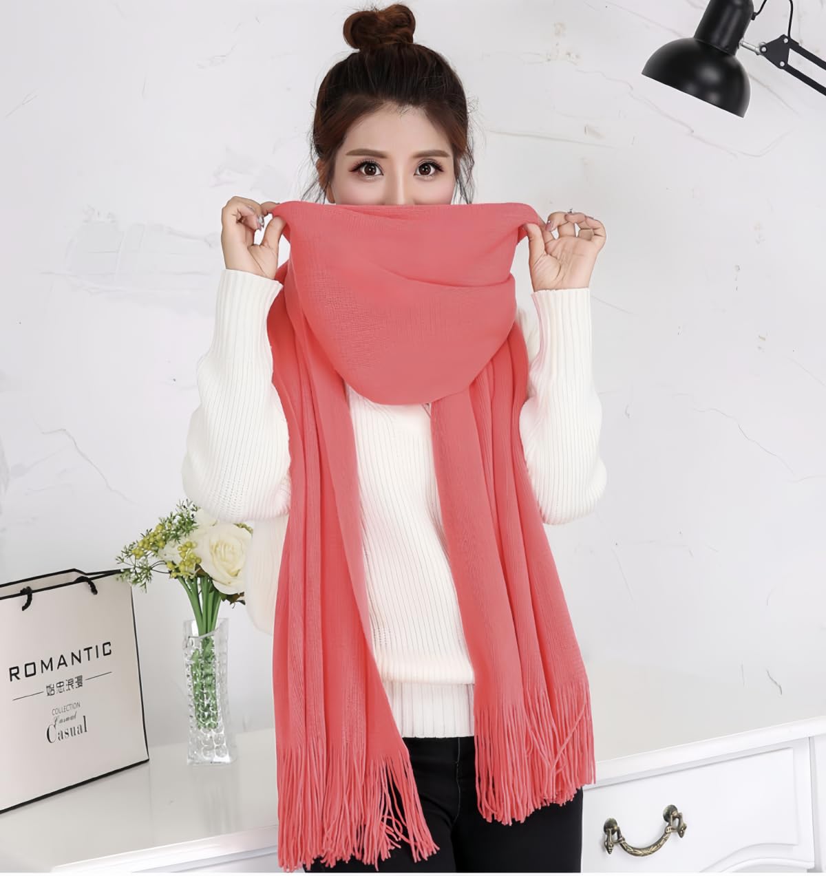 Wander Agio Women's Wraps Warm Long Scarves Winter Scarfs Pure Color Scarf Tassel Melon Red