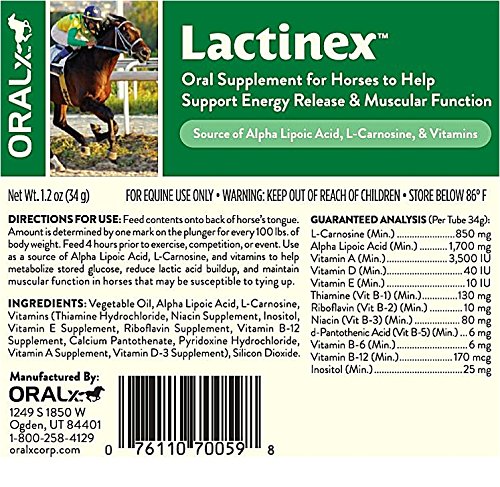 Oralx Lactinex Oral Supplement for Horses in Training or Competition. Boosts Glucose Metabolism, Reduces Lactic Acid Build-Up, Helps Prevent Tying Up. Easy-Dose Syringe. 1.2 Oz. Made in USA.