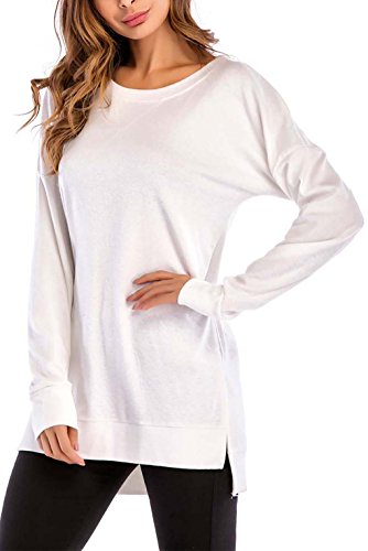 8sanlione Womens Long Sleeve Casual Crew Neck Pullover Loose Sweatshirt Tunic Tops T-Shirt(XX-Large/US 20,White)