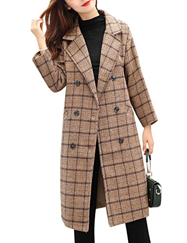 Tanming Women's Double Breasted Long Plaid Wool Blend Pea Coat Outerwear (Brown-M)