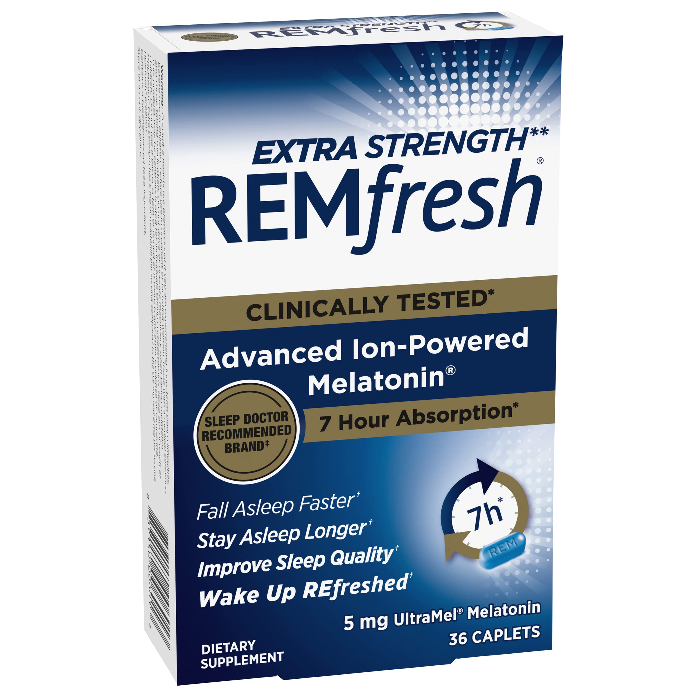 REMfresh Extra Strength 5mg Melatonin Sleep Aid Supplement (36 Caplet) | Sleep Supports Immune Function | #1 Doctor Recommended | Pharmaceutical-Grade, Ultrapure Melatonin