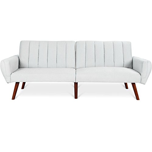 Giantex Futon Sofa Bed Folding Couch Convertible Mattress Premium Linen Upholstery and Wooden Legs (Gray)