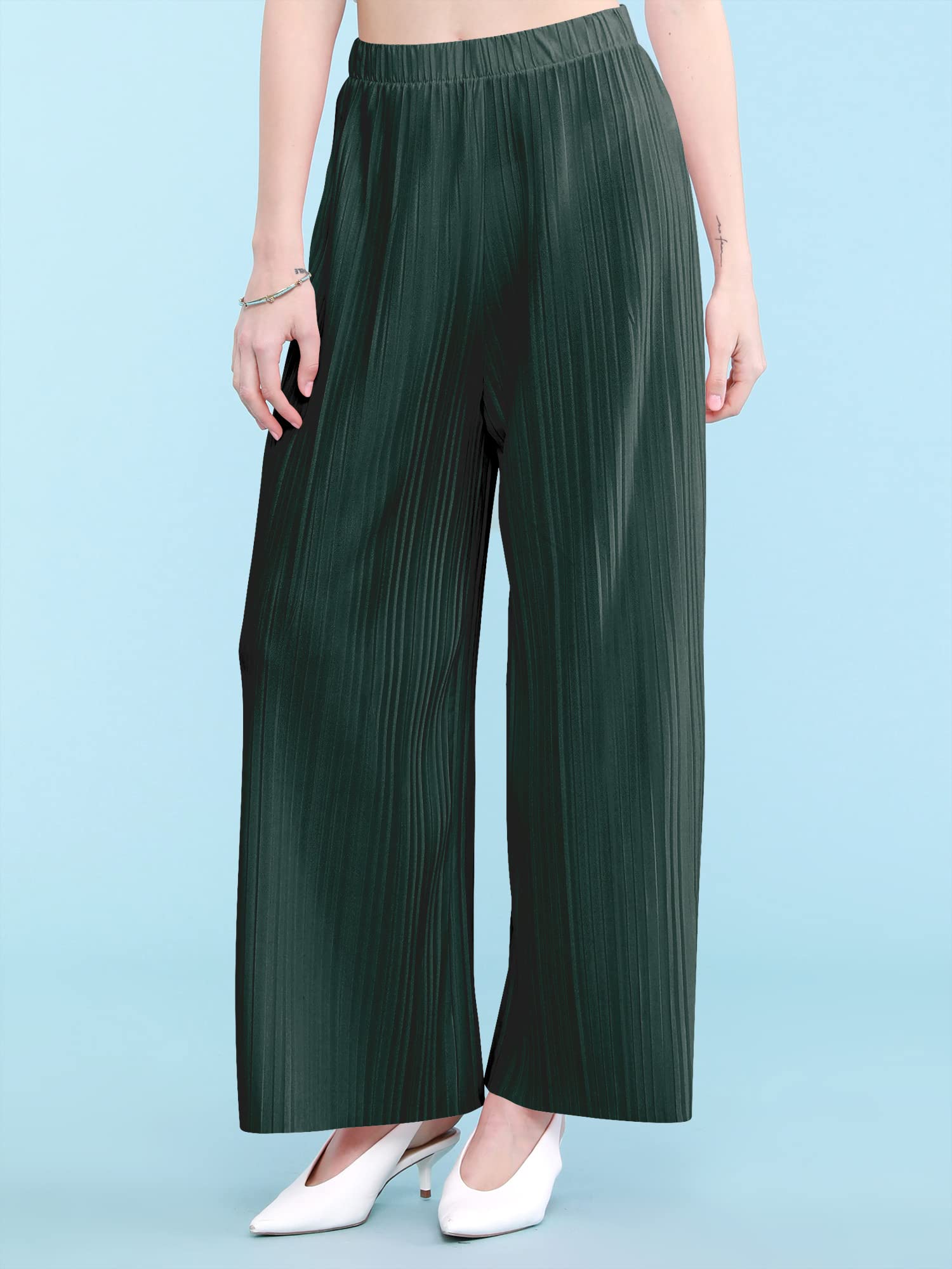 MBJ WB1794 Womens Pleated Wide Leg Pants with Elastic Waist Band-Made in USA L Green
