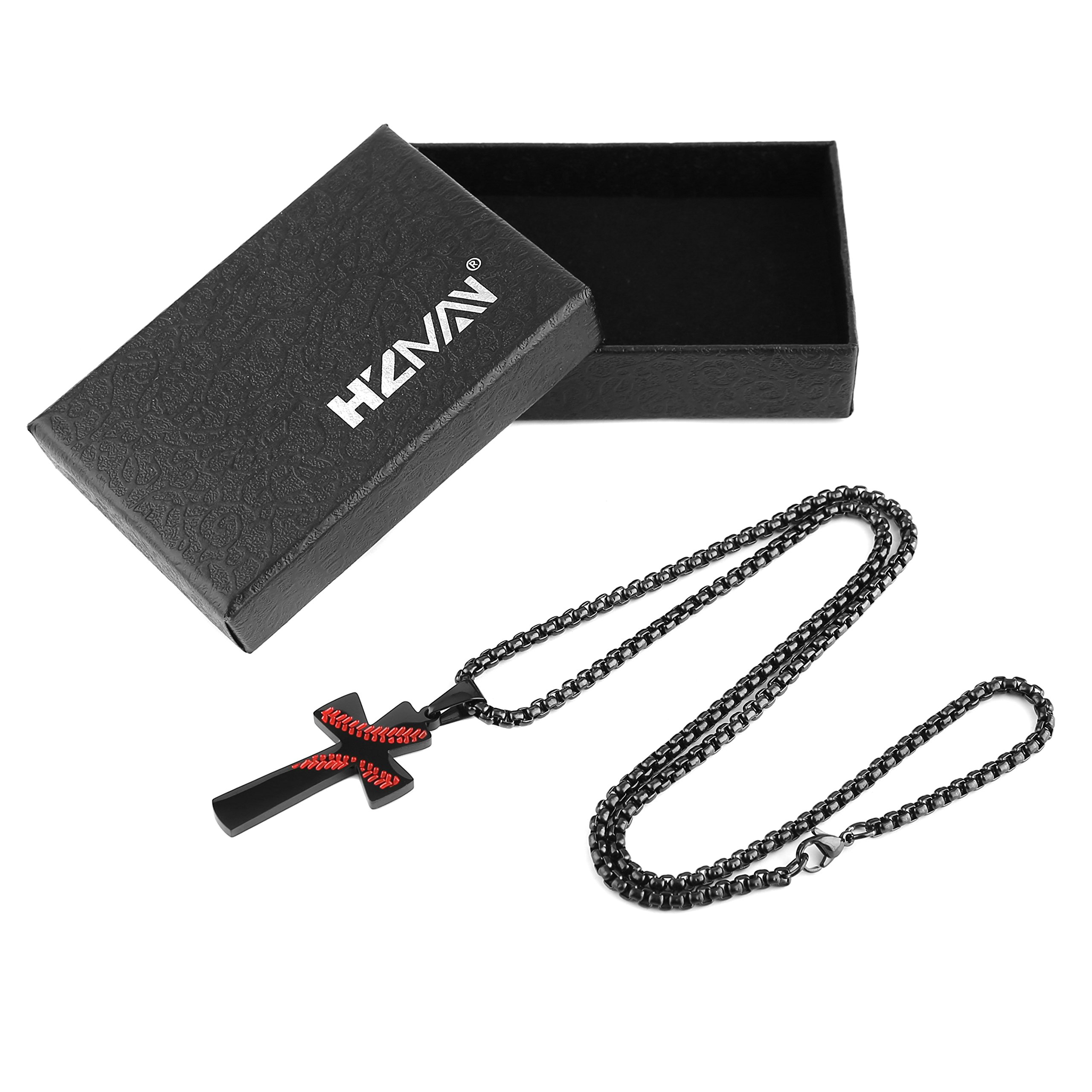 HZMAN Baseball Cross Pendant, I CAN DO ALL THINGS STRENGTH Bible Verse Stainless Steel Necklace (Black)