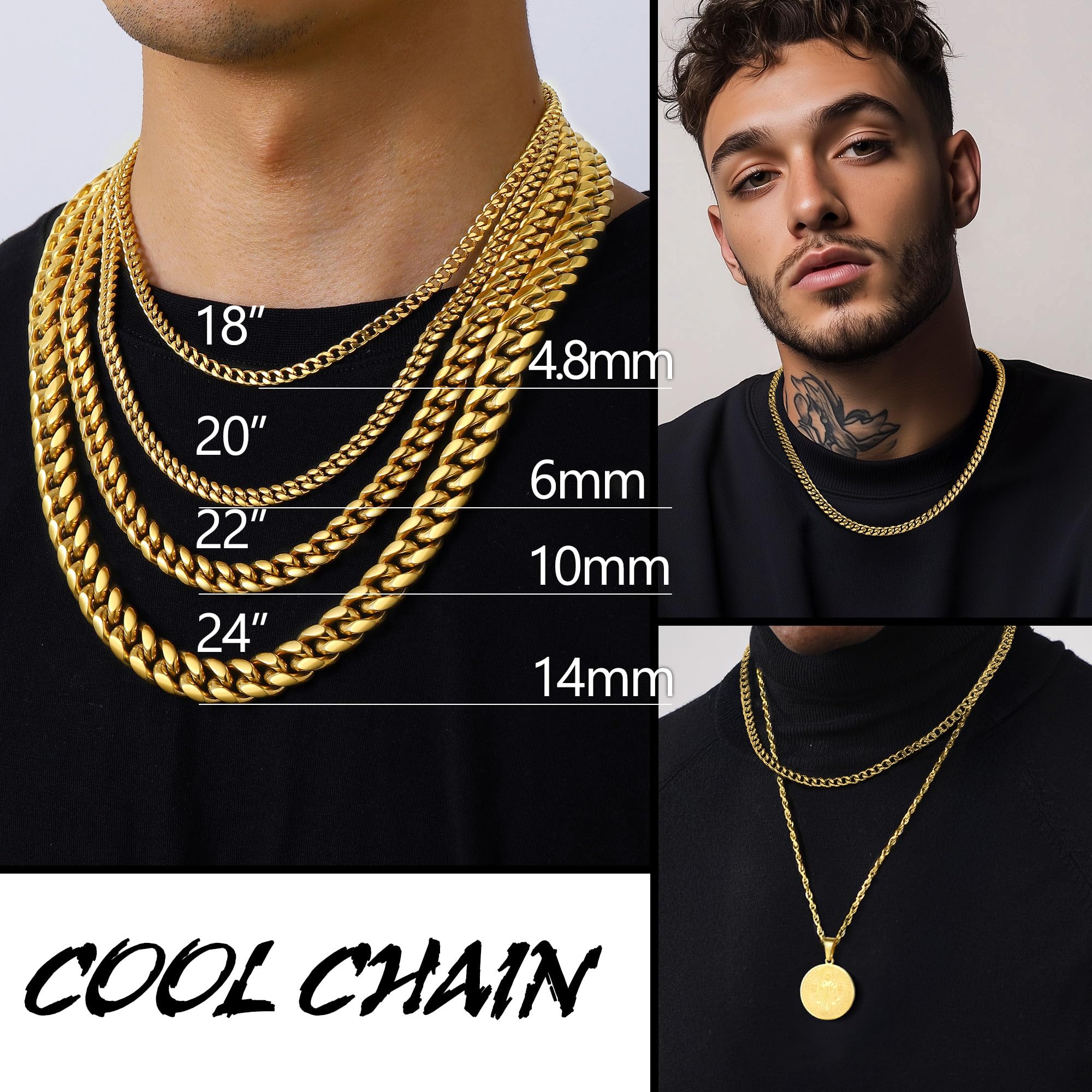 PROSTEEL Thick Chain Necklace Hip Hop Rapper 22 Inch 10mm Stainless Steel Big Cuban Link Neck Chain Mens Gold Chains for Men
