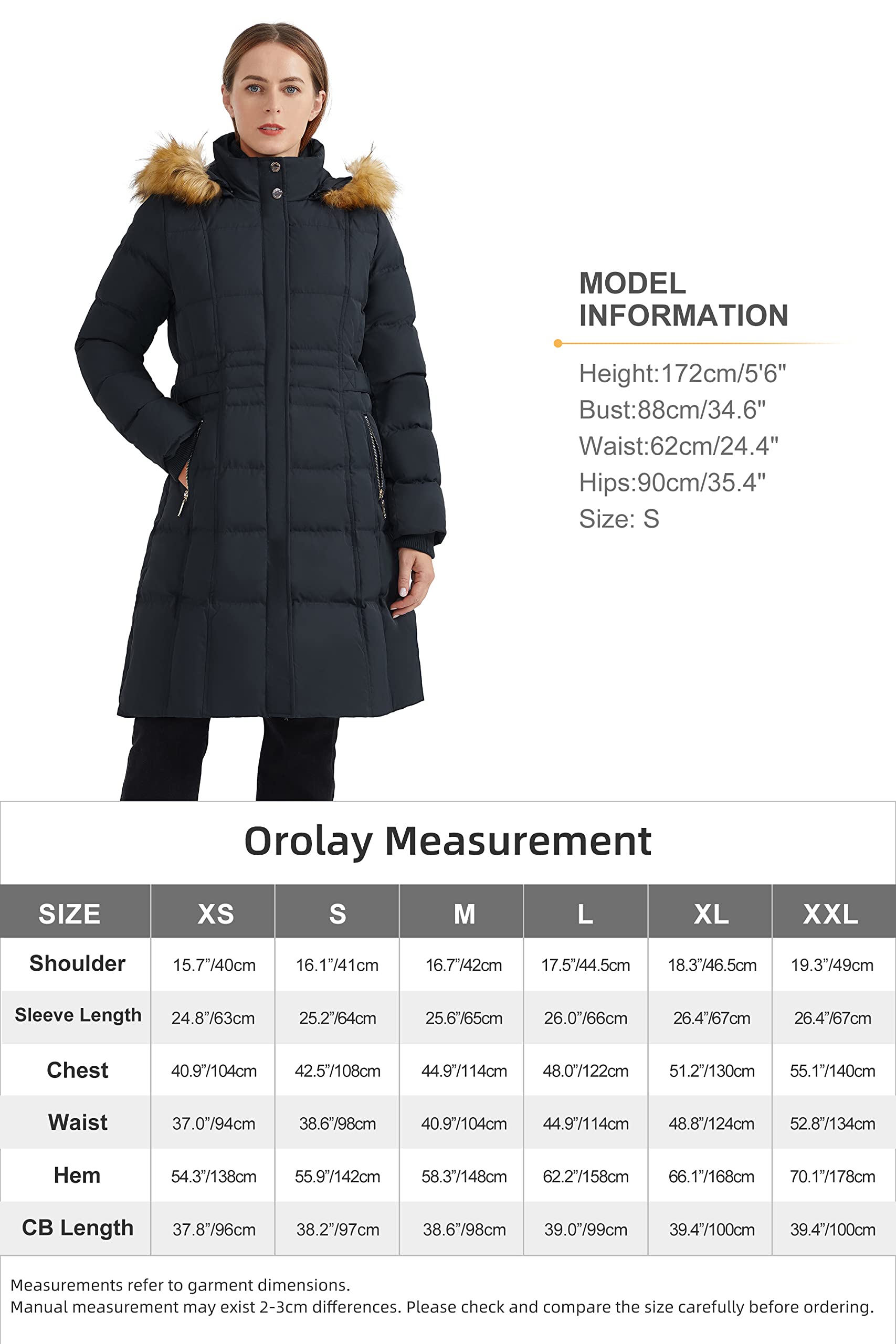 Orolay Women's Puffer Down Coat Winter Warm Jacket with Faux Fur Trim Hood Black X-Large