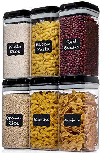 Shazo Airtight Food Storage Container (Set of 6) - BONUS Measuring Cup - Labels & Marker - Durable Plastic - BPA Free - Clear with Improved Lids (Black) - Air Tight Snacks Pantry & Kitchen Canisters
