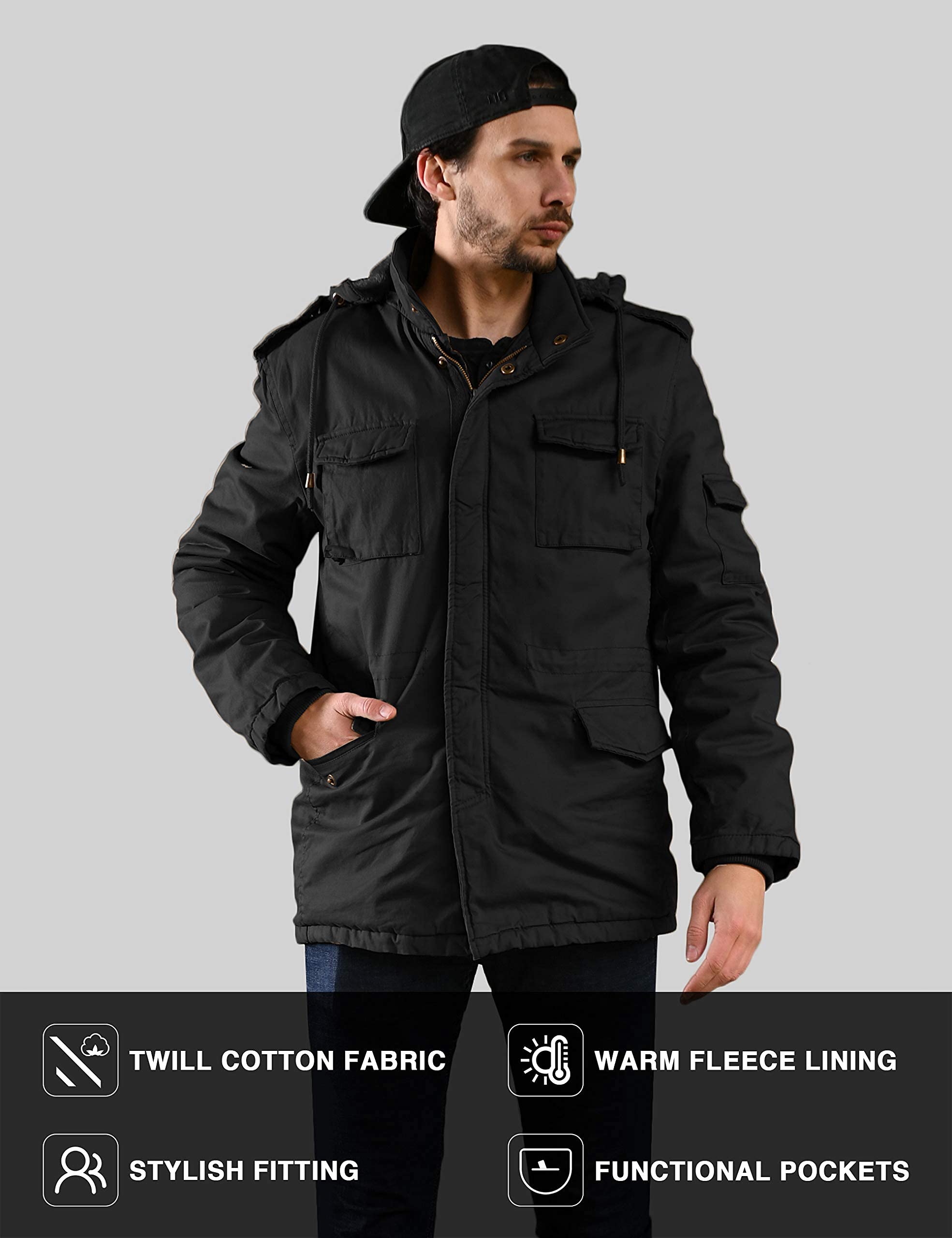 WenVen Men's Heavy Military Sherpa Lined Hooded Parka Jacket Winter Coat Black M