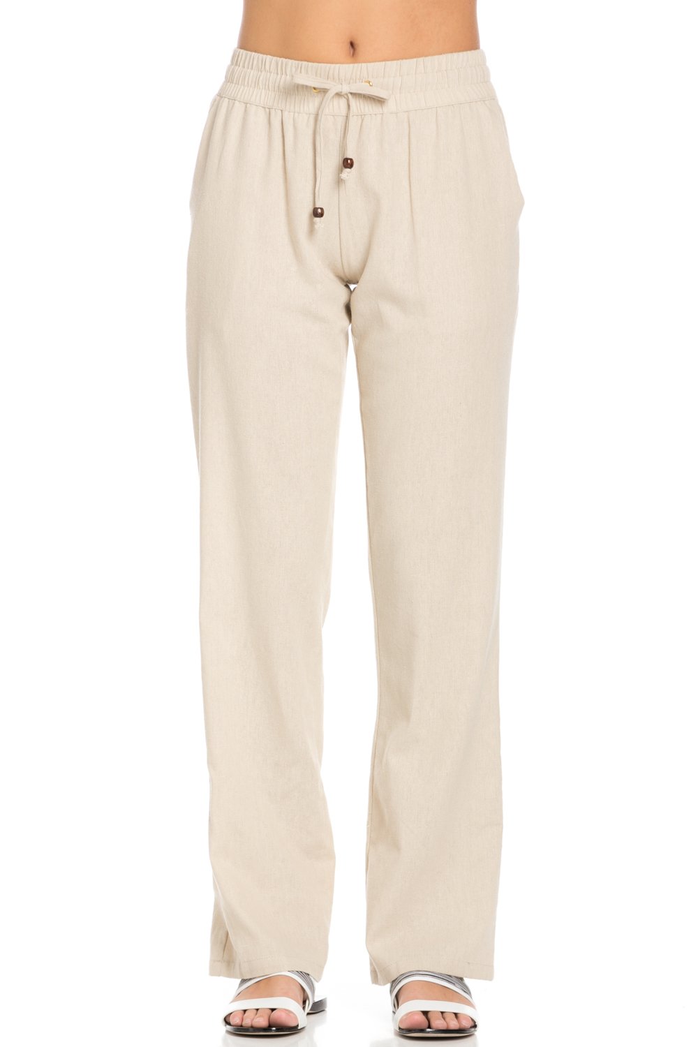 Poplooks Women's Comfy Elastic Waistband Drawstring Linen Pants (Small, Natural)