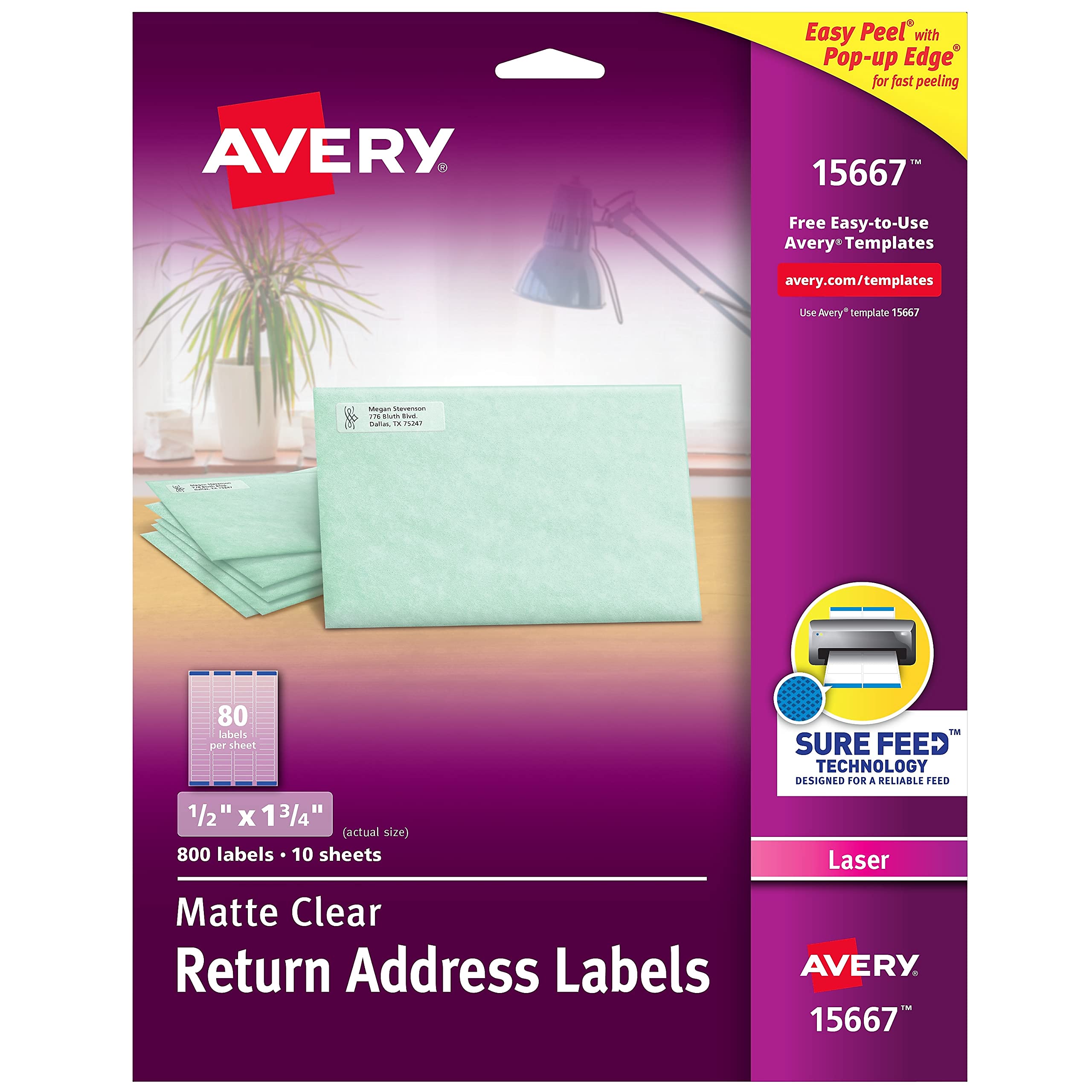 Avery 15667 Matte Clear Easy Peel Return Address Labels, Laser, 1/2 x 1 3/4, 800/Pack