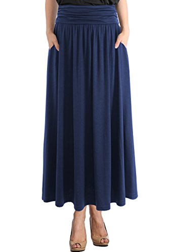 TRENDY UNITED Women's High Waist Fold Over Pocket Shirring Skirt ,Navy-ankle,X-Large