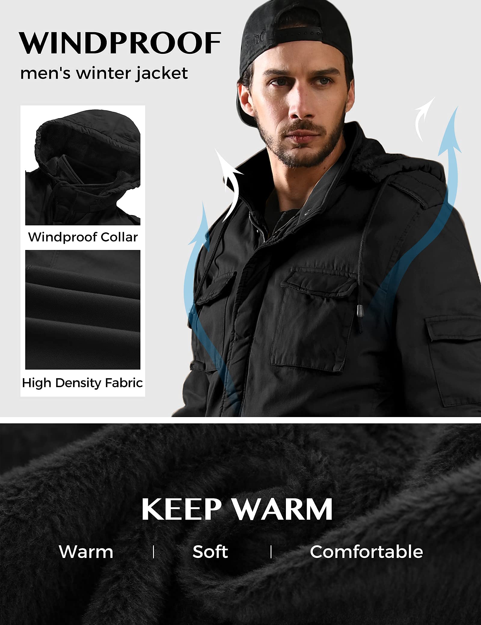 WenVen Men's Heavy Military Sherpa Lined Hooded Parka Jacket Winter Coat Black M