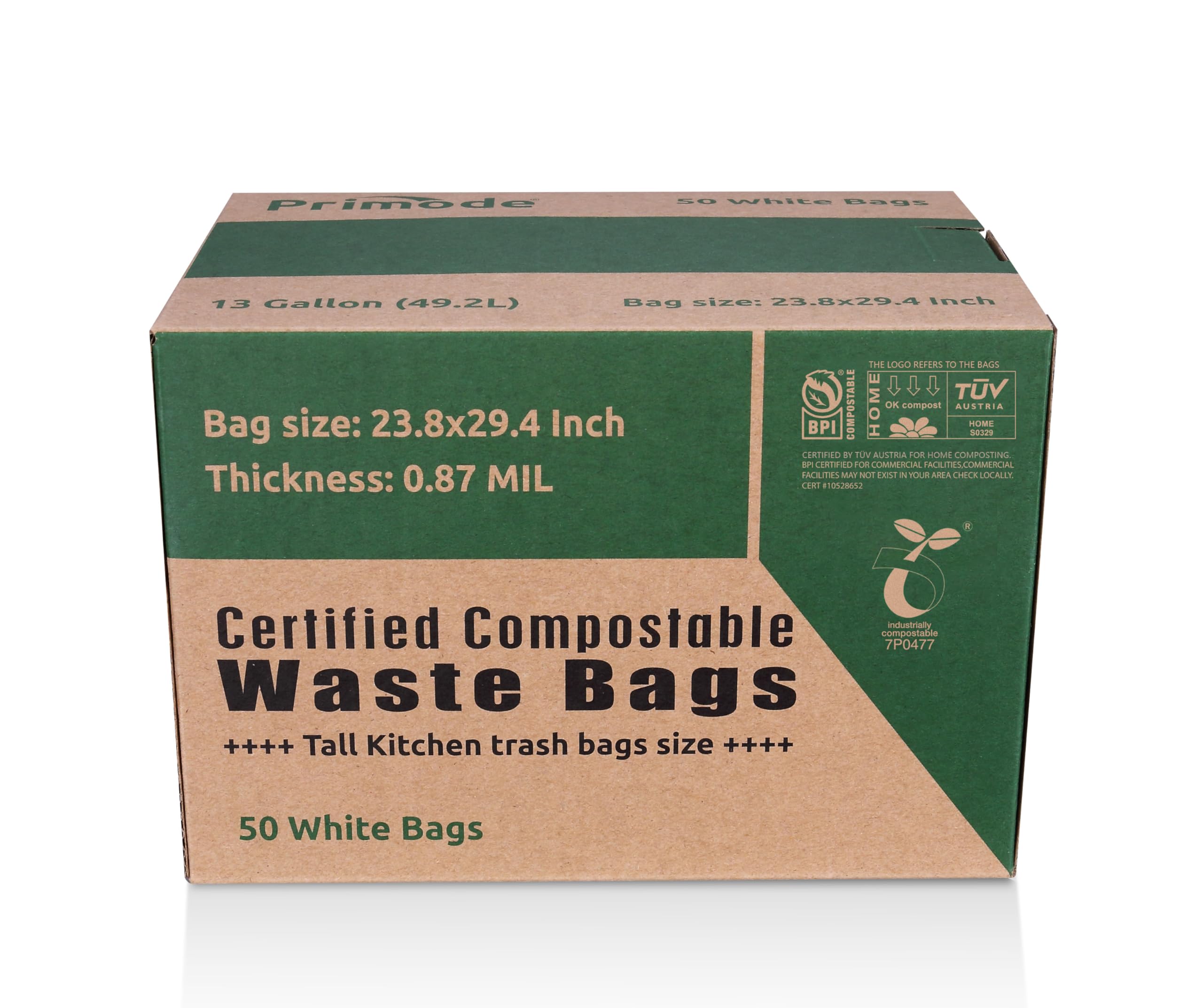 Primode Compostable Bags, 13 Gallon Food Scraps Yard Waste Bags, 50 Count, Extra Thick 0.87 Mil. ASTMD6400 Compost Bags Small Kitchen Trash Bags, Certified By BPI And TÜV AUSTRIA