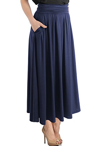 TRENDY UNITED Women's High Waist Fold Over Pocket Shirring Skirt ,Navy-ankle,X-Large