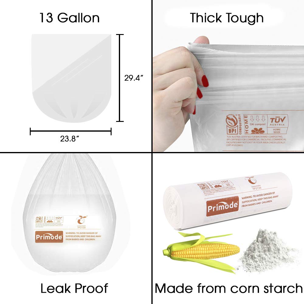 Primode Compostable Bags, 13 Gallon Food Scraps Yard Waste Bags, 50 Count, Extra Thick 0.87 Mil. ASTMD6400 Compost Bags Small Kitchen Trash Bags, Certified By BPI And TÜV AUSTRIA