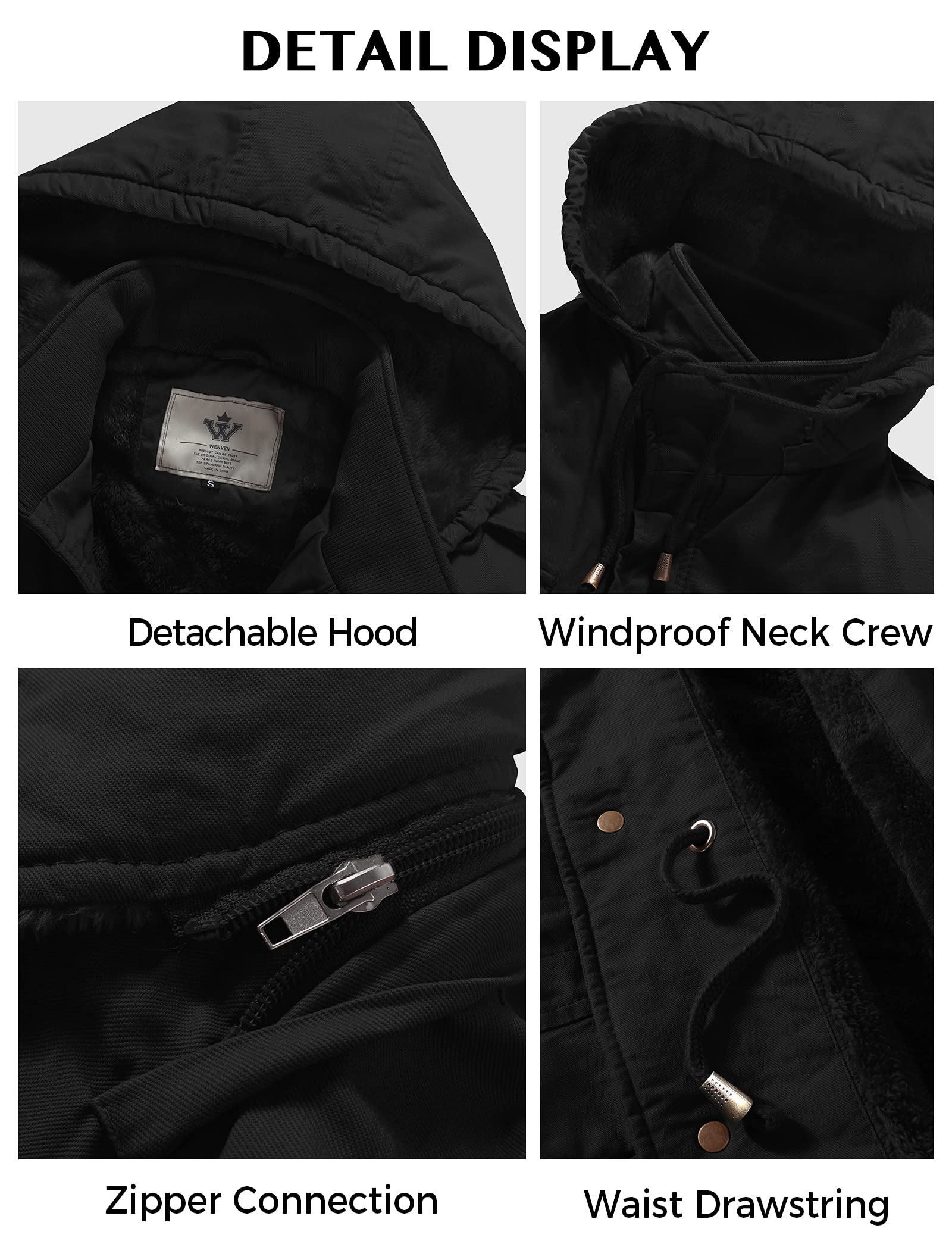 WenVen Men's Heavy Military Sherpa Lined Hooded Parka Jacket Winter Coat Black M