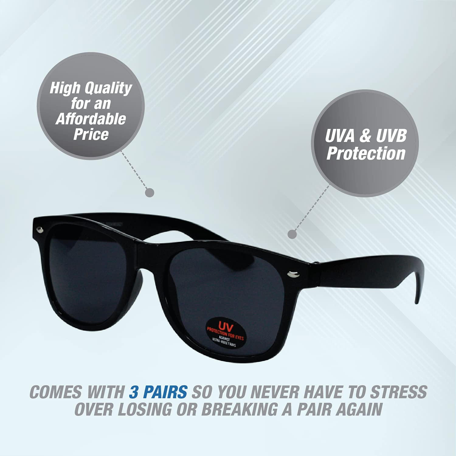 RAY SOLÉE USA Merchant | Sunglasses for Men, Women & Kids 3 Pack of Tinted Lenses with UVA & UVB Protection (Satin Black, Black)