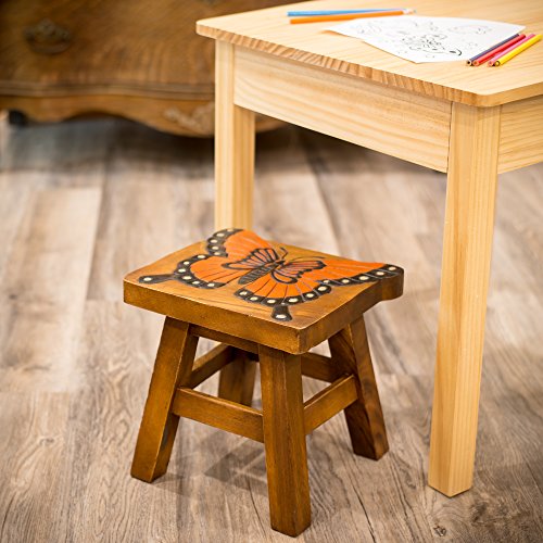 Sea Island Imports Monarch Butterfly Hand Carved Acacia Hardwood Decorative Short Stool