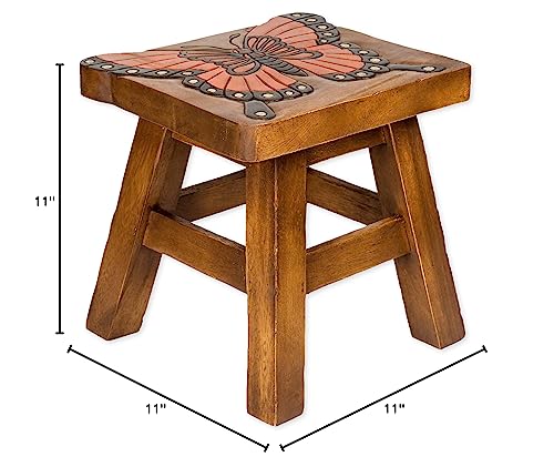 Sea Island Imports Monarch Butterfly Hand Carved Acacia Hardwood Decorative Short Stool
