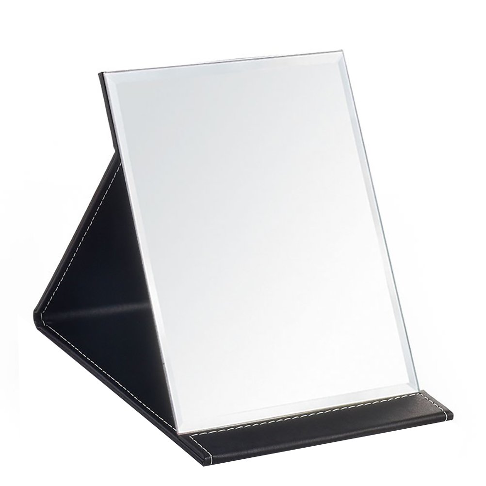 JOLY PU Leather Portable Folding Makeup Mirror with Standing(M, Black)