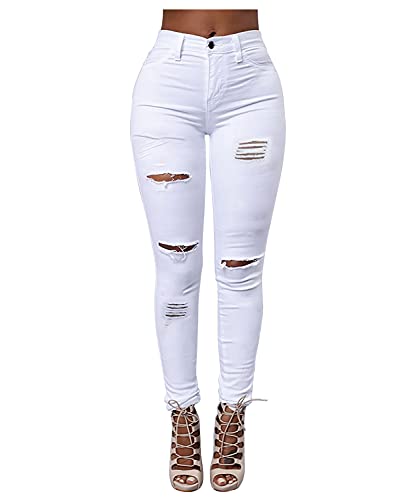 Women's High Waisted Butt Lift Stretch Ripped Skinny Jeans Distressed Denim Pants US 10 White 15