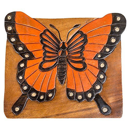 Sea Island Imports Monarch Butterfly Hand Carved Acacia Hardwood Decorative Short Stool