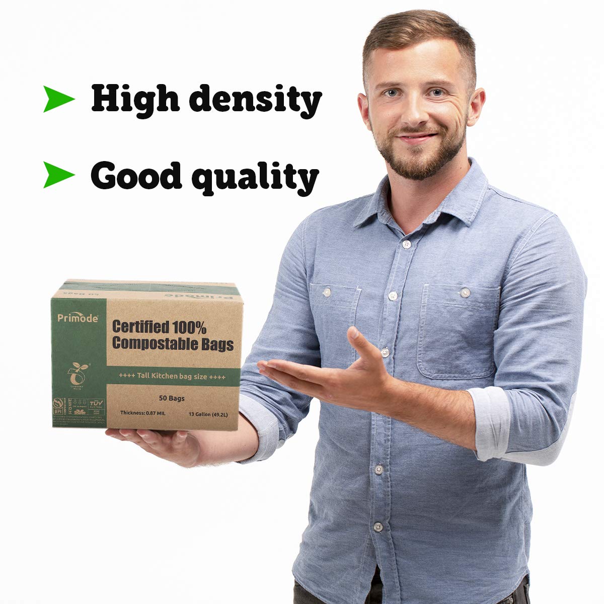 Primode Compostable Bags, 13 Gallon Food Scraps Yard Waste Bags, 50 Count, Extra Thick 0.87 Mil. ASTMD6400 Compost Bags Small Kitchen Trash Bags, Certified By BPI And TÜV AUSTRIA