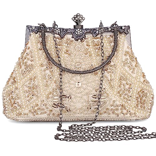 AIJUN Womens Vintage Beaded Evening Bag Sequin Clutch Purses for Women Wedding Clutches Prom Cocktail Party Handbags(Champagne)