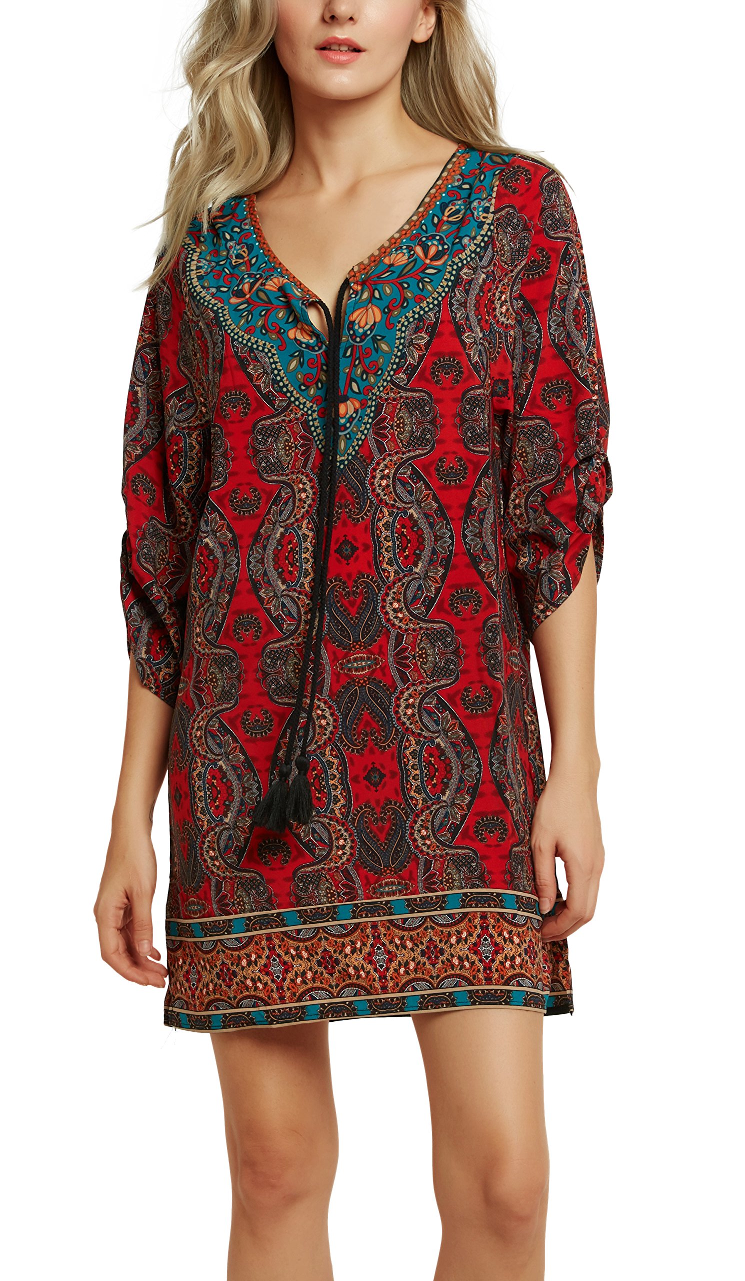 Women Bohemian Neck Tie Vintage Printed Ethnic Style Summer Shift Dress (2XL, Pattern 15)