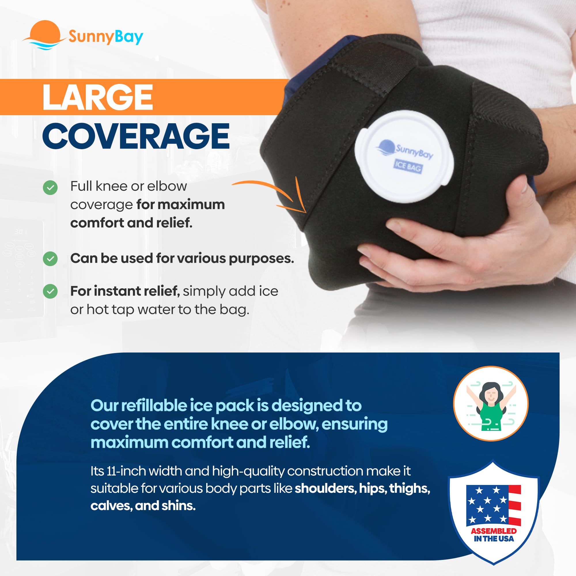 SunnyBay Refillable 11 in Ice Bag with 28 in Strap - Reusable Washable Medical Icing Pack - for Ankle, Knee, Neck, Shoulder Injuries- Cold Therapy Muscle Pain Relief