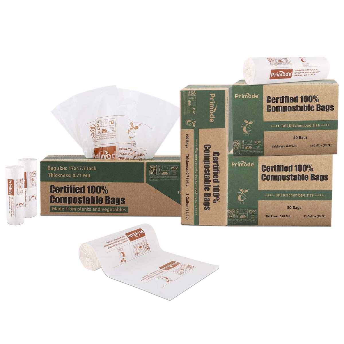 Primode Compostable Bags, 13 Gallon Food Scraps Yard Waste Bags, 50 Count, Extra Thick 0.87 Mil. ASTMD6400 Compost Bags Small Kitchen Trash Bags, Certified By BPI And TÜV AUSTRIA