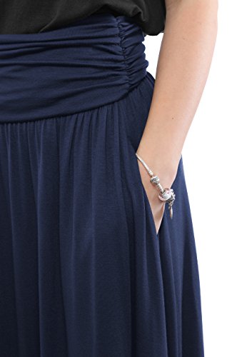 TRENDY UNITED Women's High Waist Fold Over Pocket Shirring Skirt ,Navy-ankle,X-Large