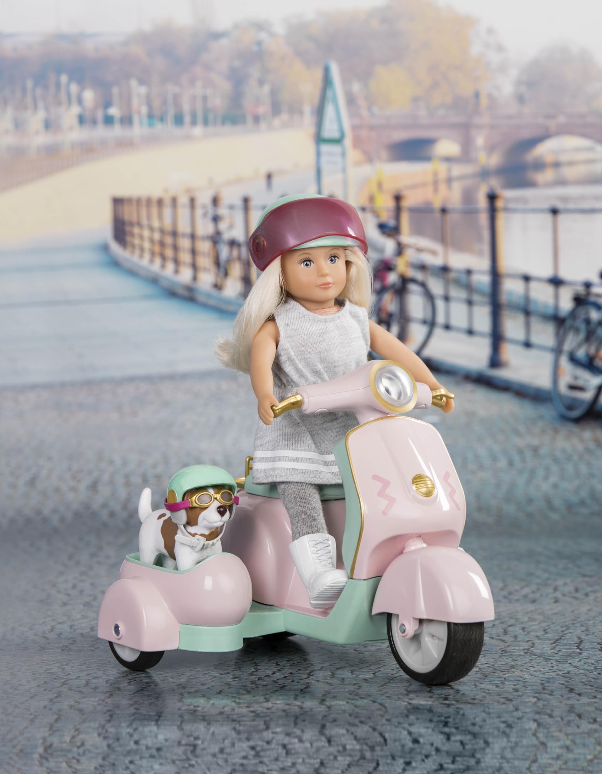Lori Dolls – Toy Scooter for Mini Dolls – Vehicle with Accessories – Toy Dog with Helmet & Goggles – Working Lights & Sounds – Let’s Go for a Spin Scooter – 3 Years +