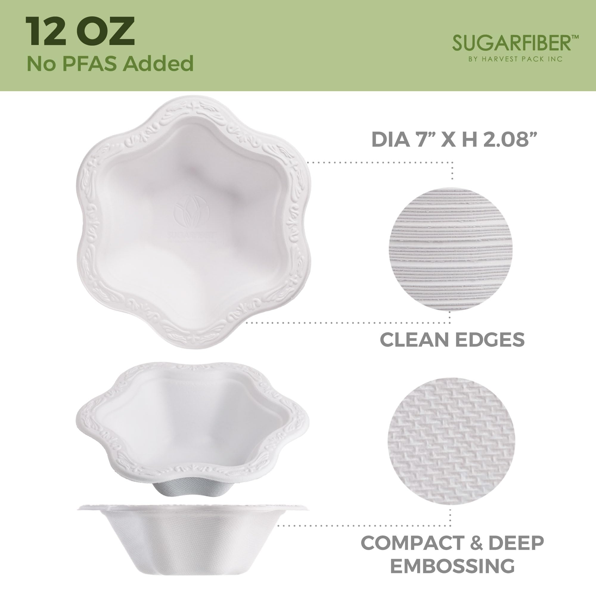 [50 COUNT]12 oz Disposable Floral White Paper Bowls - Acanthus Collection Natural Sugarcane Bamboo Fibers Bagasse Eco Friendly Environmental Plastic ice cream Bowl Elegant Alternative