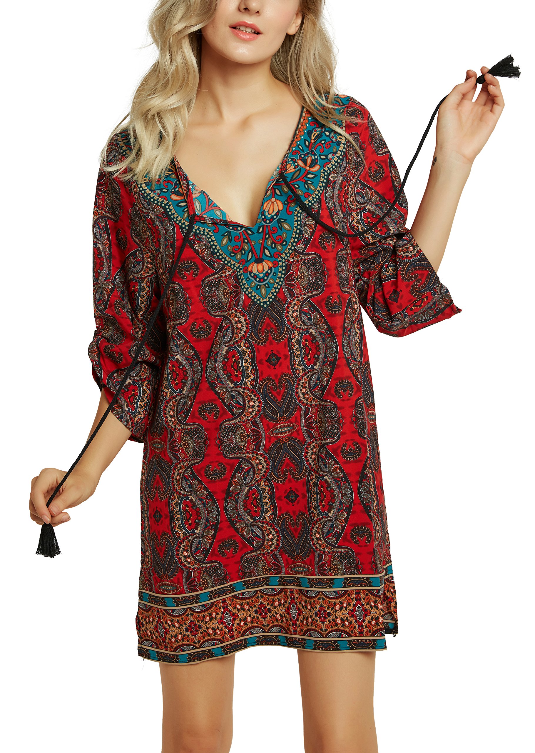 Women Bohemian Neck Tie Vintage Printed Ethnic Style Summer Shift Dress (2XL, Pattern 15)