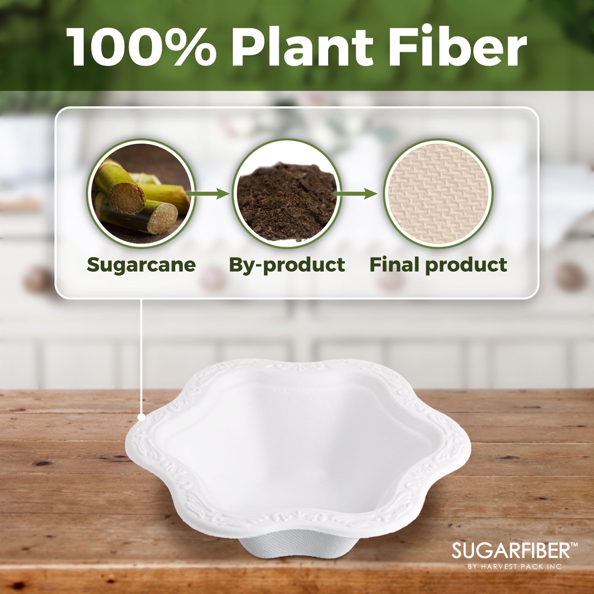 [50 COUNT]12 oz Disposable Floral White Paper Bowls - Acanthus Collection Natural Sugarcane Bamboo Fibers Bagasse Eco Friendly Environmental Plastic ice cream Bowl Elegant Alternative