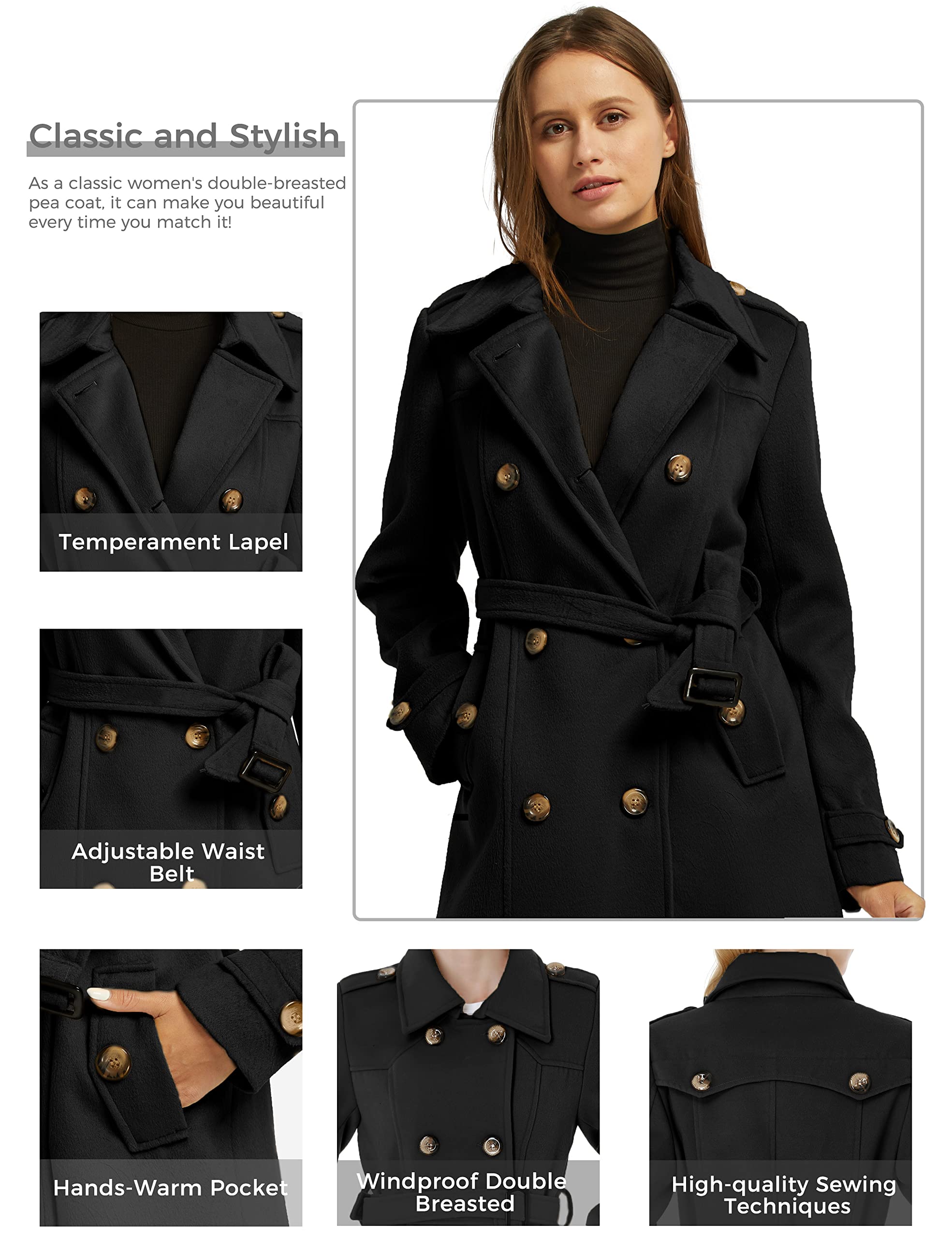 wantdo Women's Double Breasted Pea Coat Winter Jacket with Belt Black Small