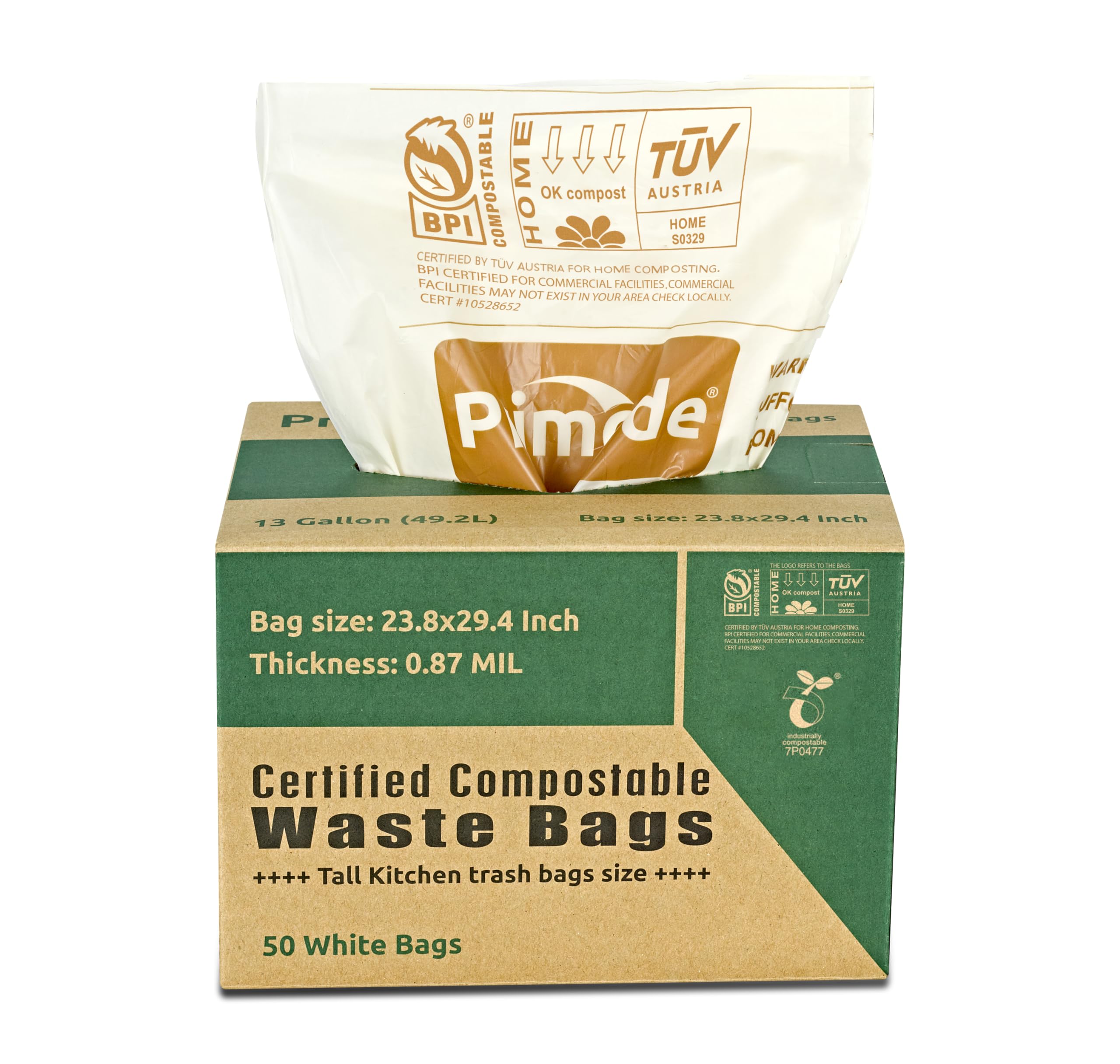 Primode Compostable Bags, 13 Gallon Food Scraps Yard Waste Bags, 50 Count, Extra Thick 0.87 Mil. ASTMD6400 Compost Bags Small Kitchen Trash Bags, Certified By BPI And TÜV AUSTRIA