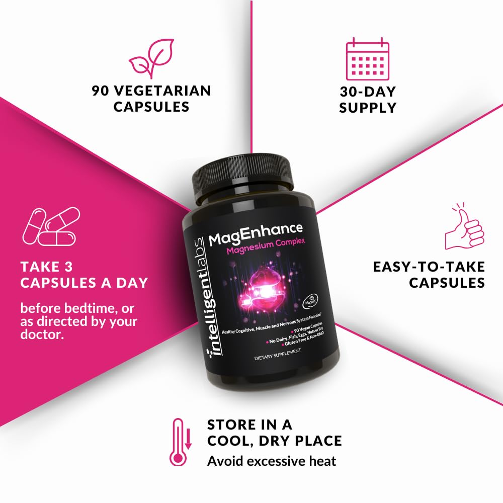 Intelligent Labs MagEnhance Magtein Magnesium Complex Supplement L-Threonate with Magnesium Glycinate and Taurate, 90 Capsules
