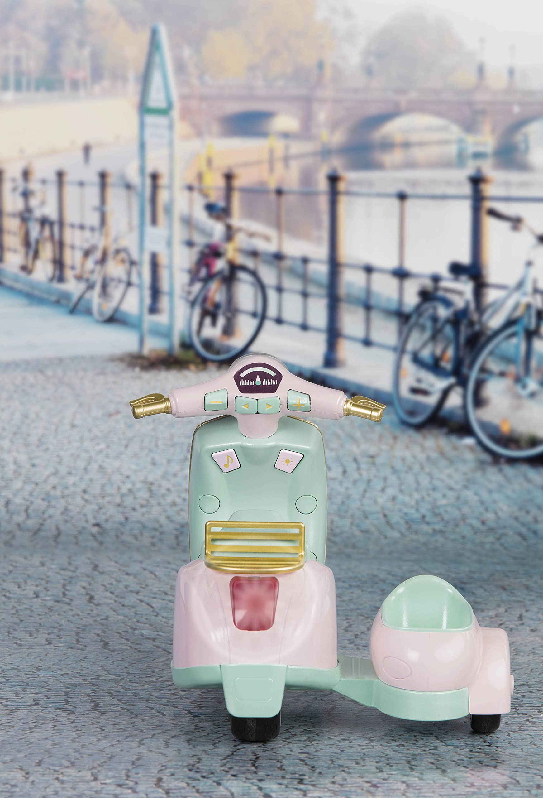 Lori Dolls – Toy Scooter for Mini Dolls – Vehicle with Accessories – Toy Dog with Helmet & Goggles – Working Lights & Sounds – Let’s Go for a Spin Scooter – 3 Years +