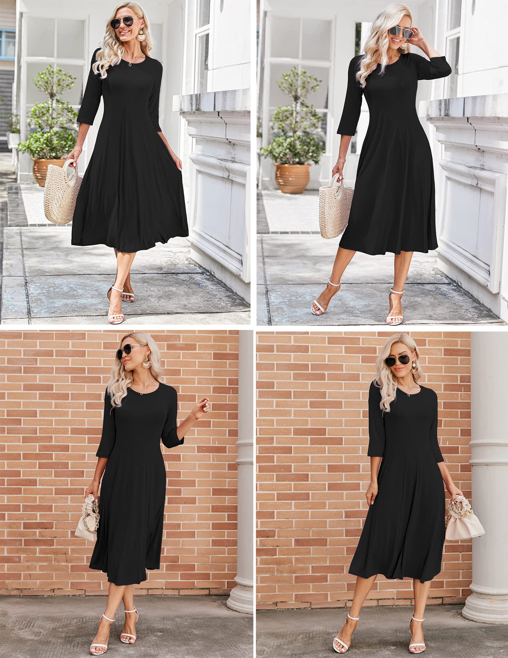 HOTOUCH Women's 3/4 Sleeve Casual Pleated Tshirt Dress (Black L)