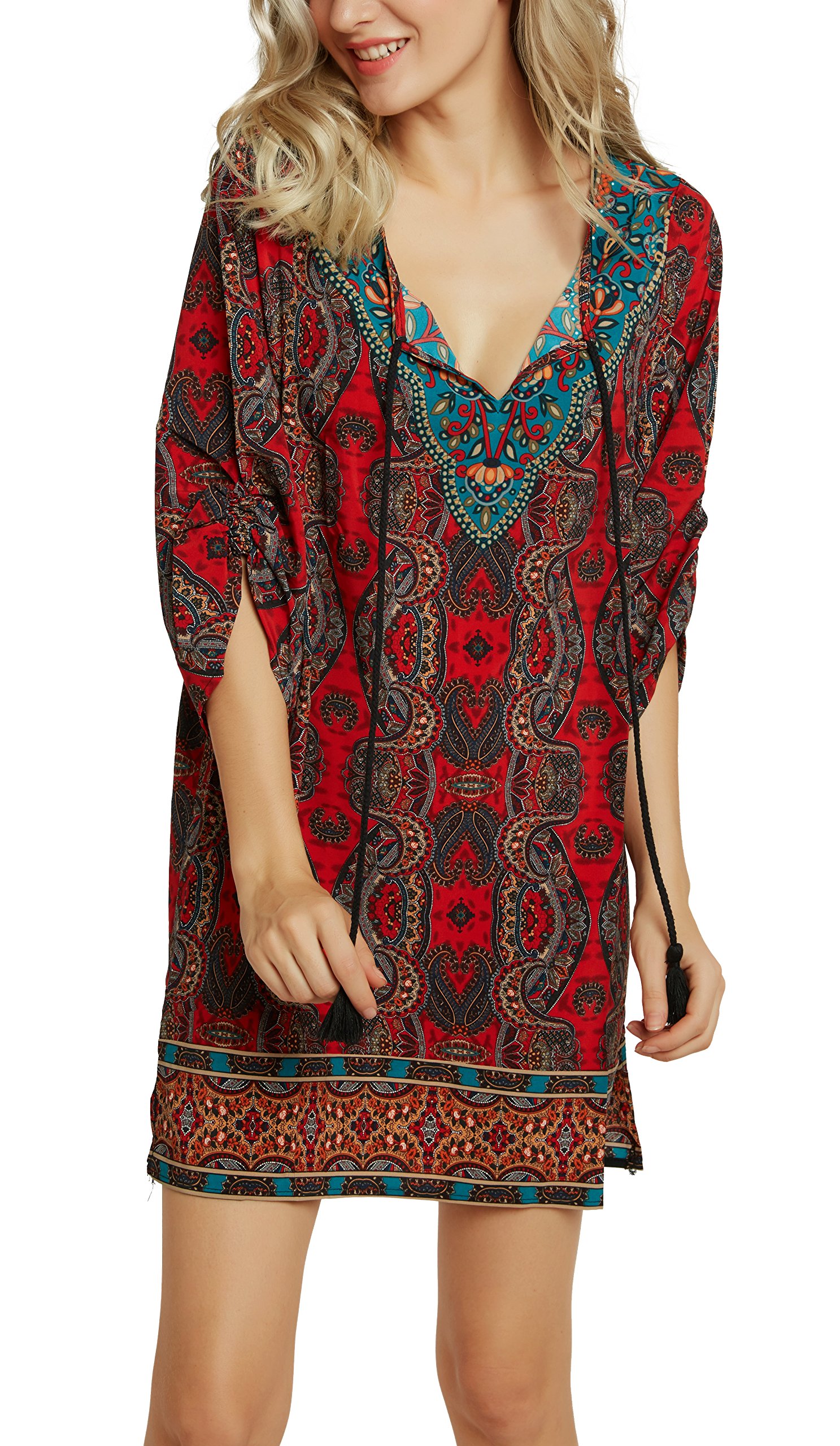 Women Bohemian Neck Tie Vintage Printed Ethnic Style Summer Shift Dress (2XL, Pattern 15)