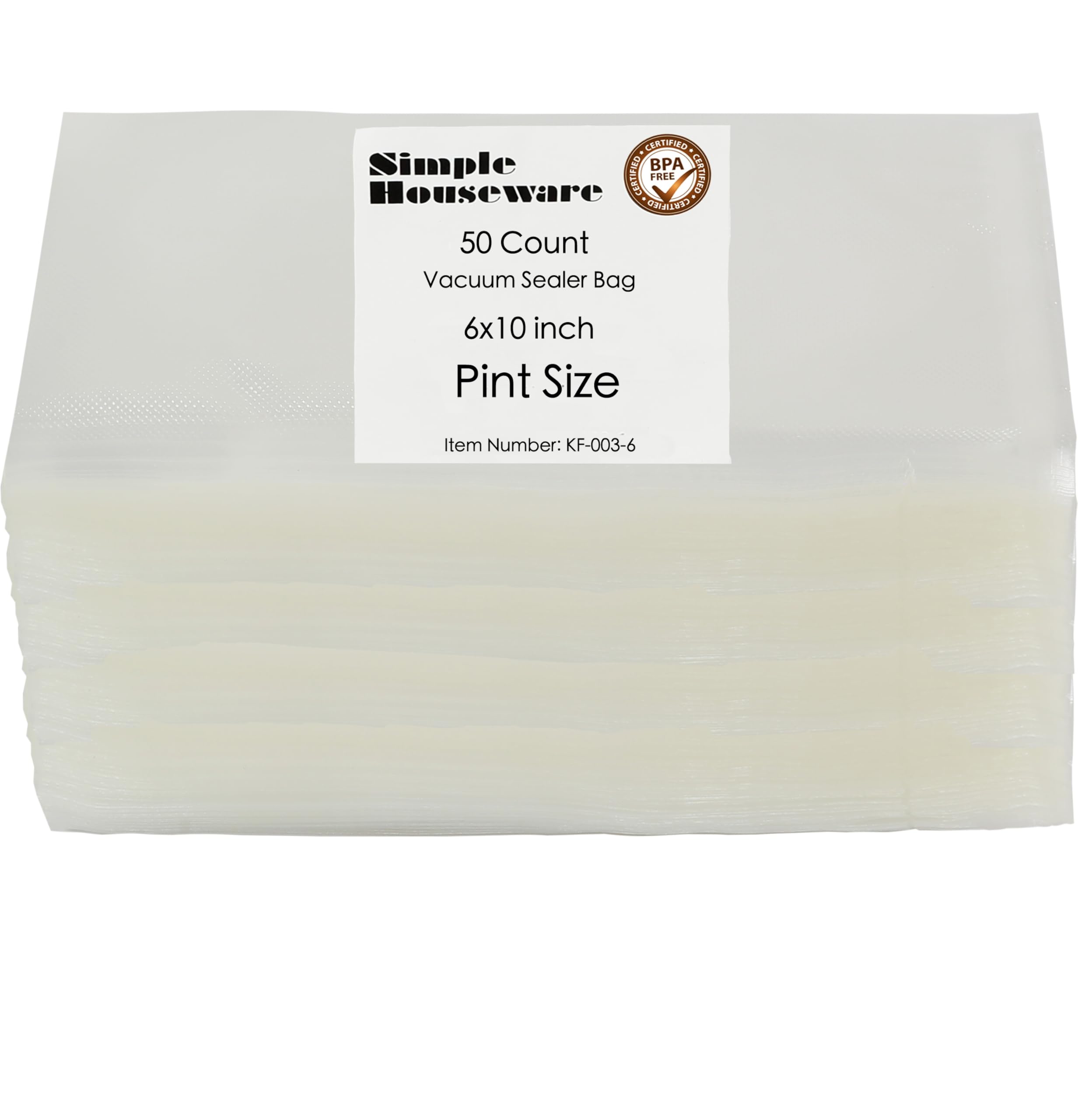 Simple Houseware Precut Vacuum Sealer Bags 50 Count Pint 6" x 10" for Food Storage, BPA Free