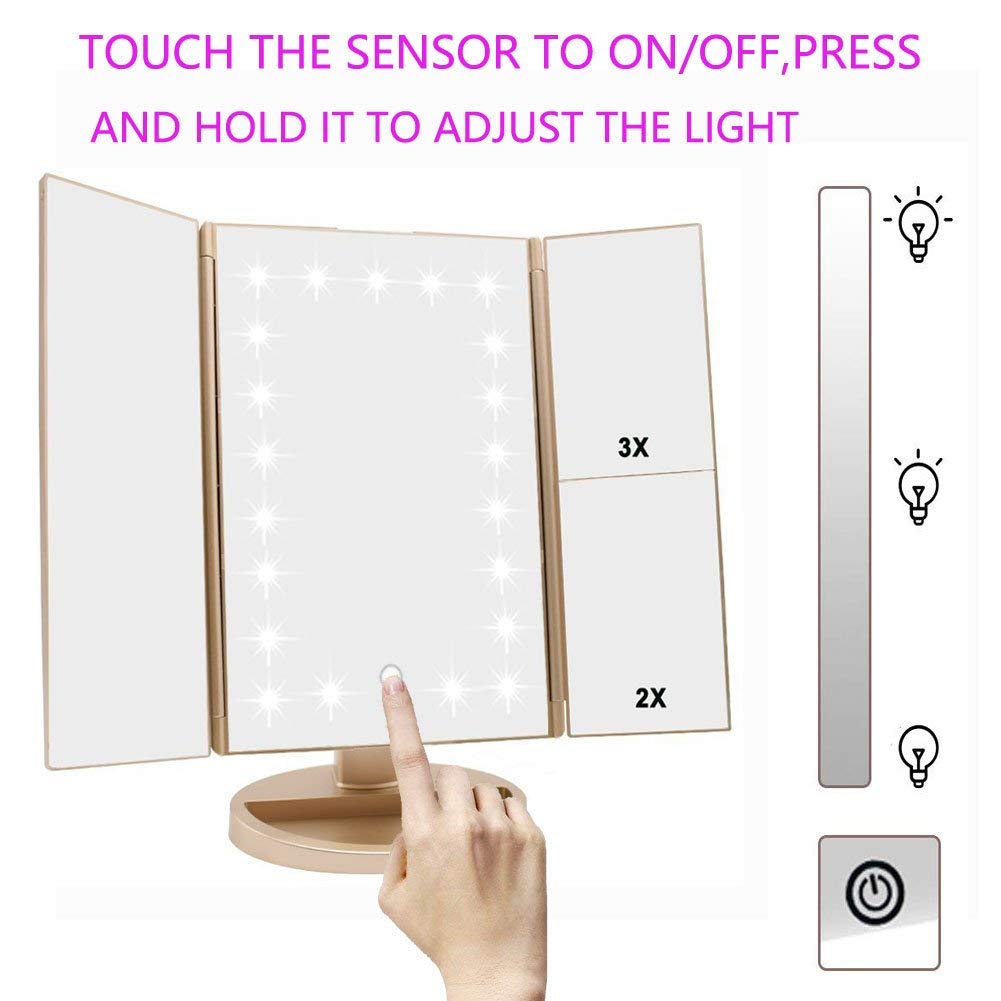 deweisn Floor Mount Tri-Fold Lighted Vanity Mirror with 21 LED Lights, Touch Screen and 3X/2X/1X Magnification, Two Power Supply Modes Make Up Mirror,Travel Mirror