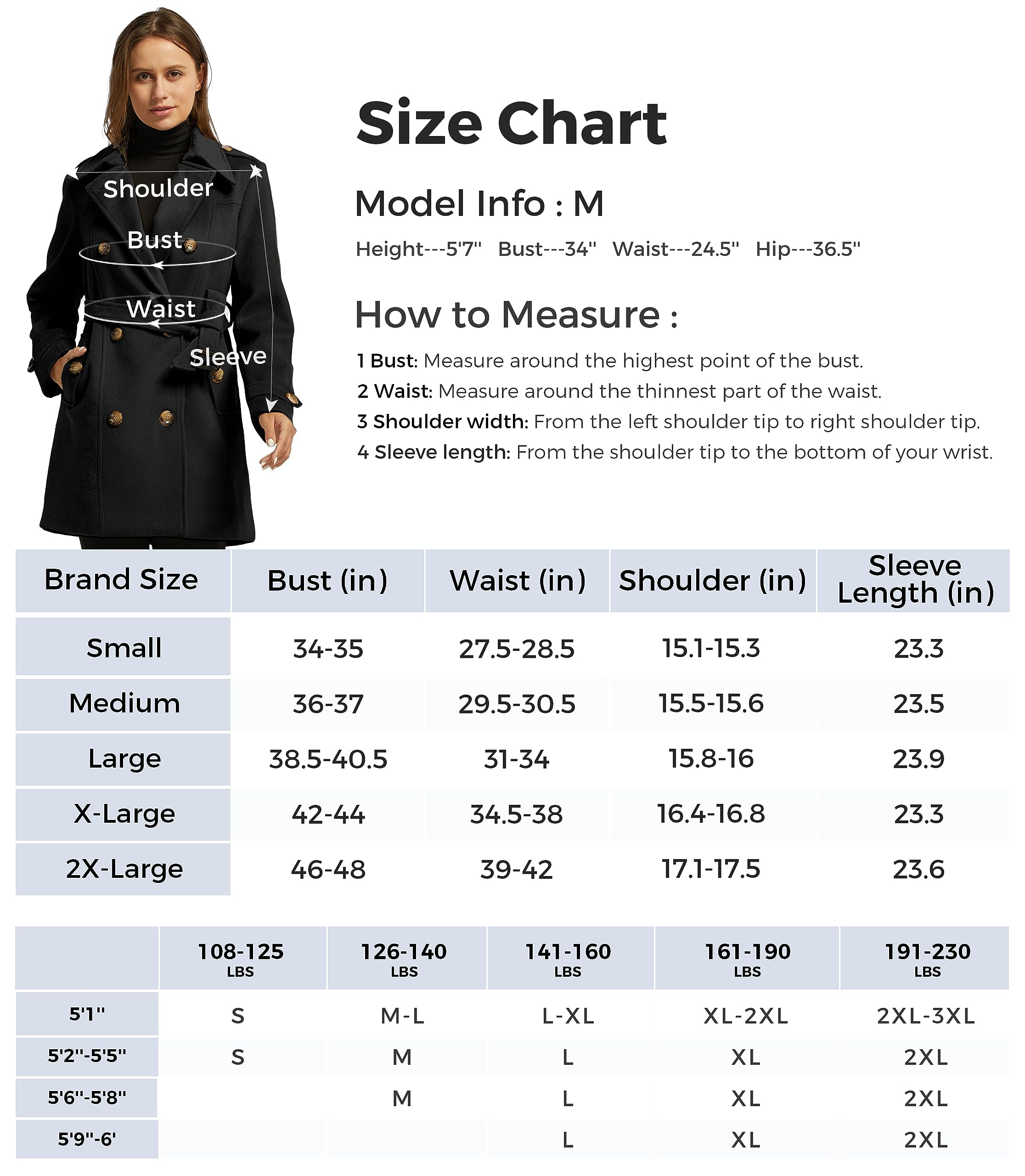wantdo Women's Double Breasted Pea Coat Winter Jacket with Belt Black Small